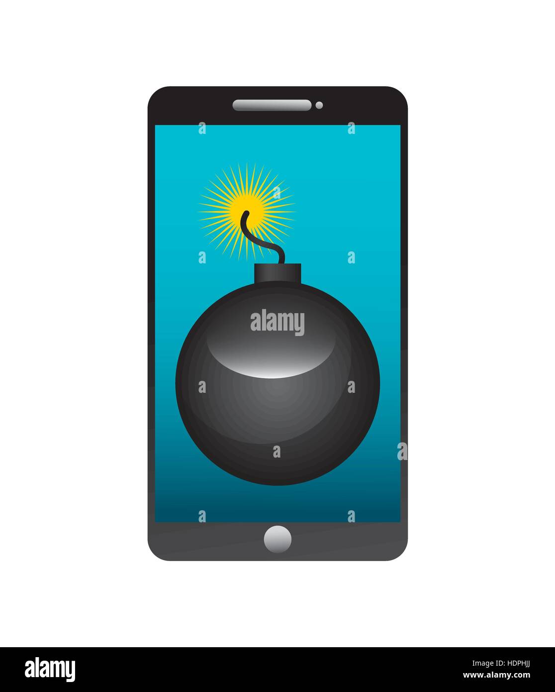 smartphone device with bomb icon on screen over white background ...
