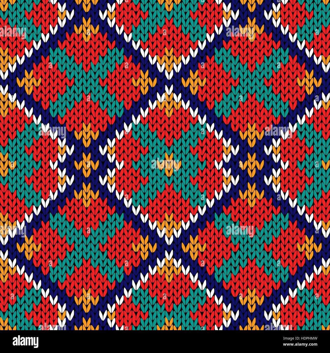 Knitted background with multicolor rhombus ornament in red, orange ...