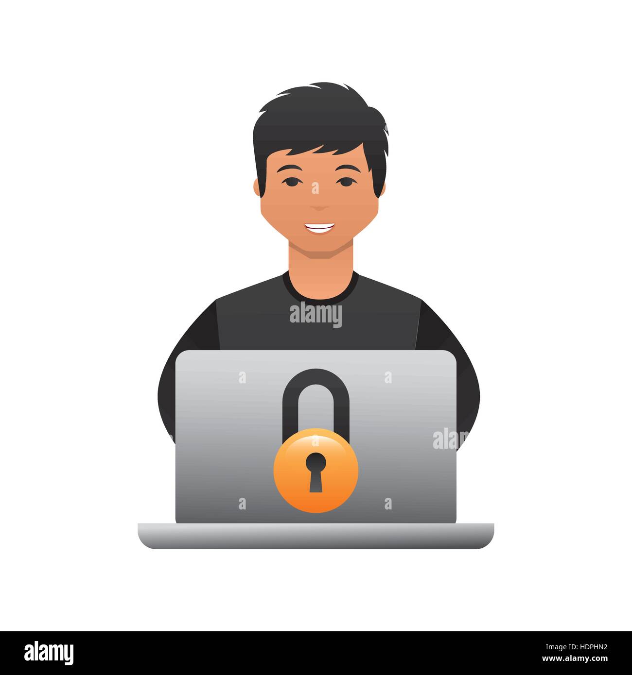cartoon hacker man with laptop computer and padlock icon over white ...