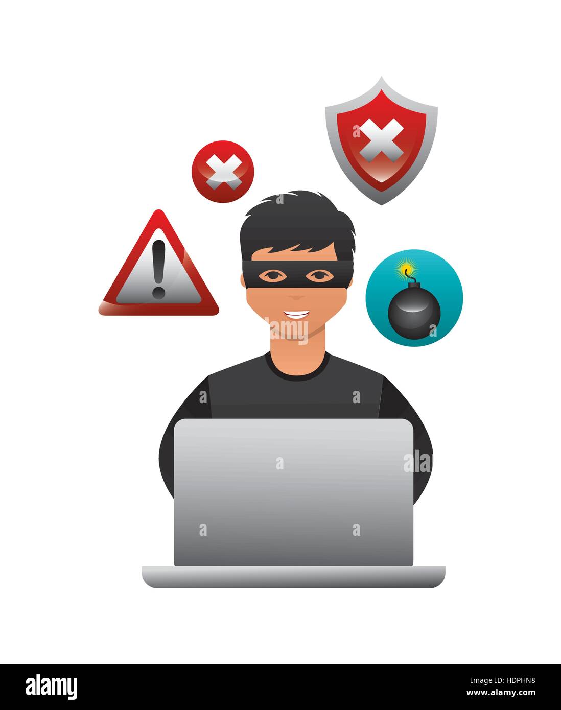 cartoon hacker man with laptop computer icon over white background ...