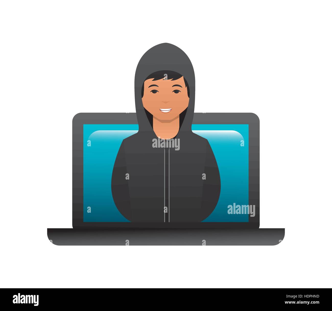 cartoon hacker man with laptop computer icon over white background ...