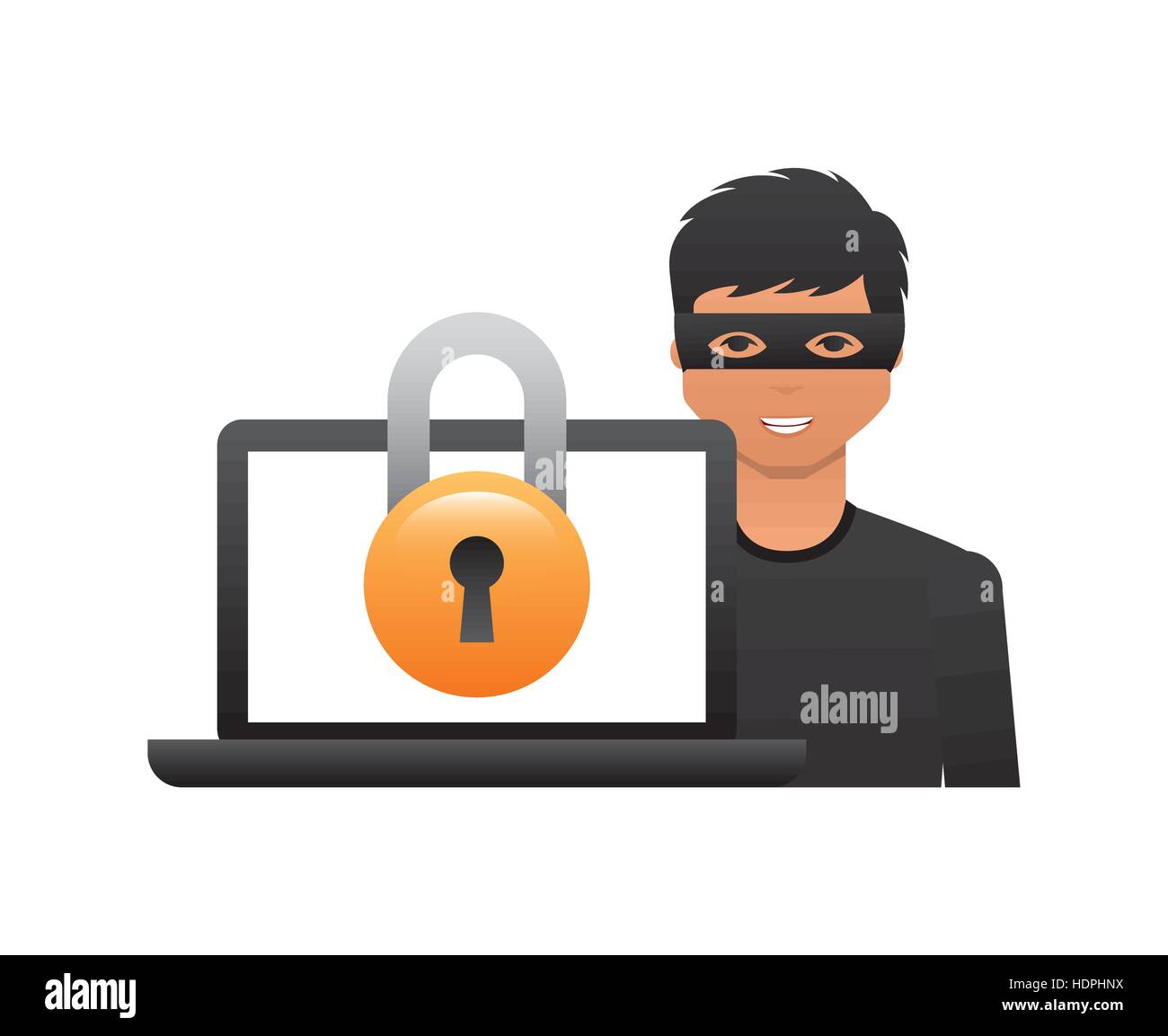 cartoon hacker man with laptop computer and padlock icon over white ...