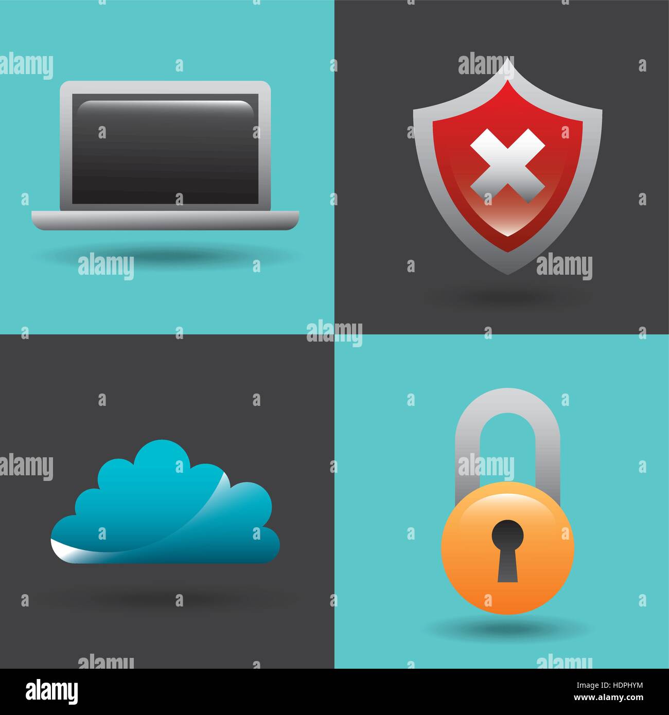 cyber security icons inside blue and black squares. colorful design ...