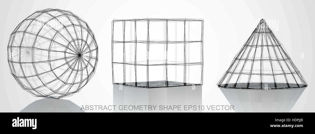 Set of Abstract geometry shape: Ink sketched Sphere, Cube, Cone with ...