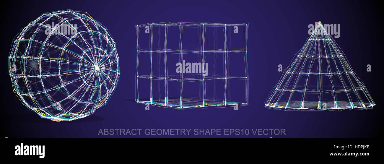 Set of Abstract geometry shape: Multicolor sketched Sphere, Cube, Cone ...