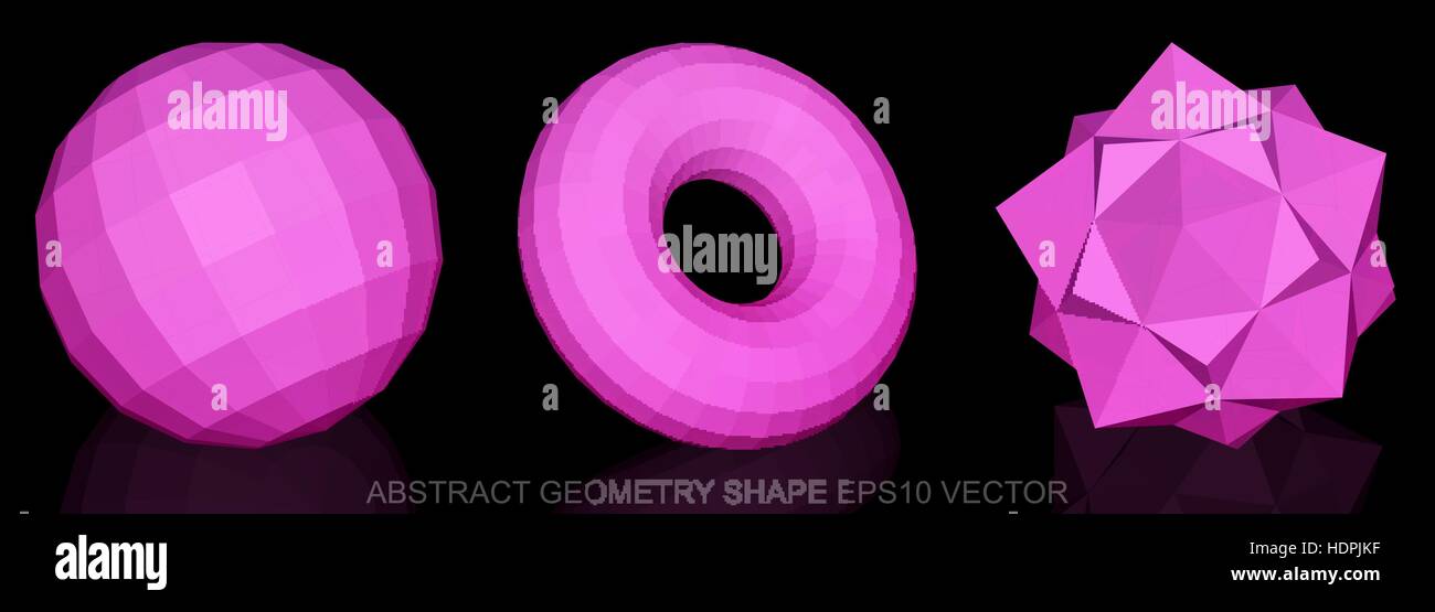 Set of Abstract geometry shape: low poly Pink Sphere, Torus, Octahedron ...