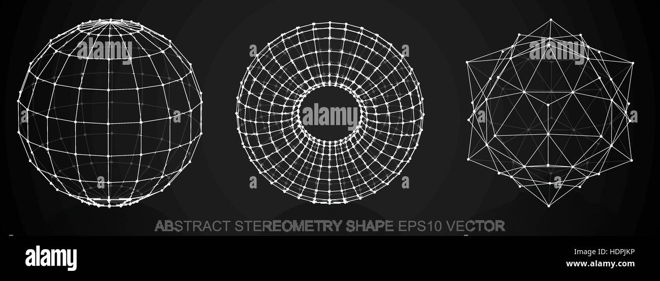 Set of Abstract stereometry shape: White sketched Sphere, Torus ...