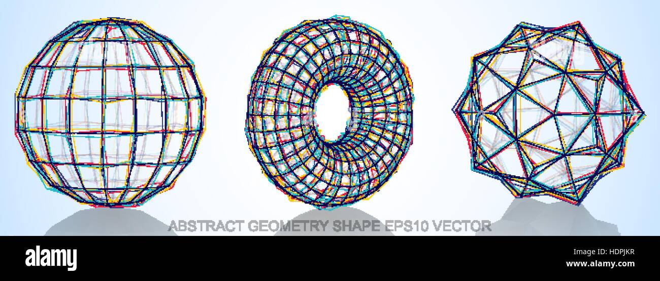 Set of Abstract stereometry shape: Multicolor sketched Sphere, Torus ...