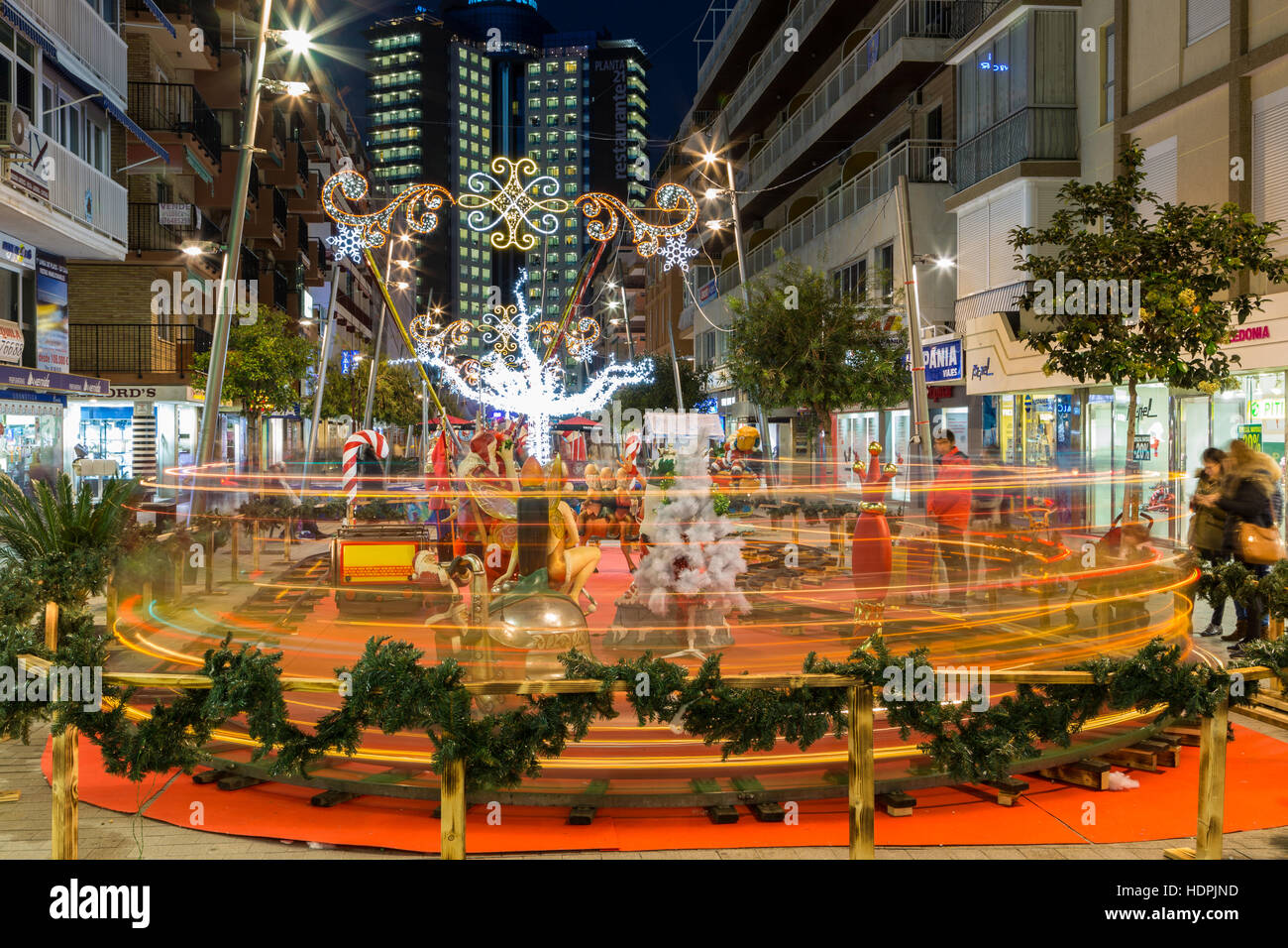 Christmas decorations in Benidorm, fairground ride Stock Photo - Alamy