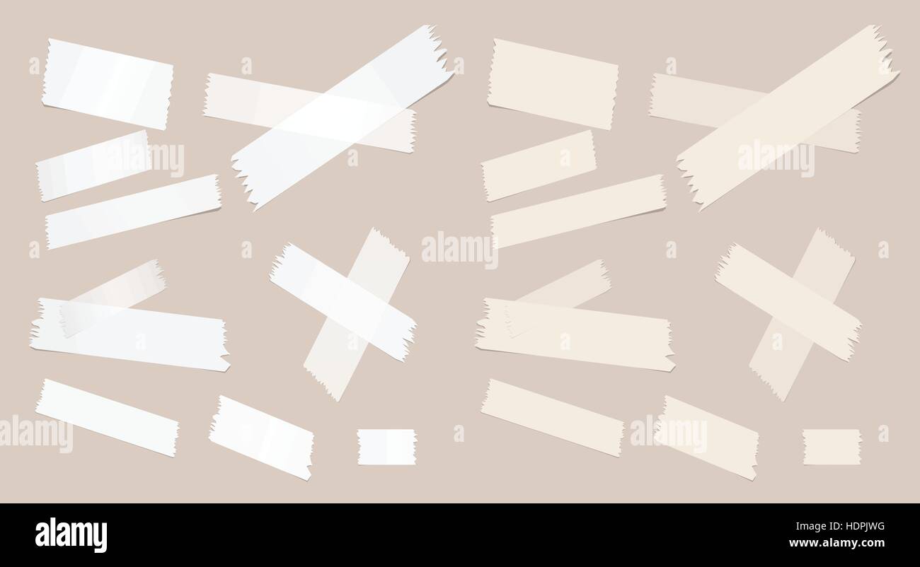 Different size sticky paper, adhesive, masking tape are on brown ...