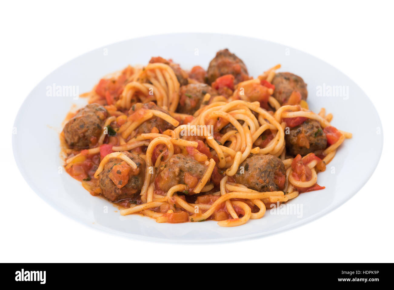 Spaghetti with beef meatballs - white background Stock Photo - Alamy