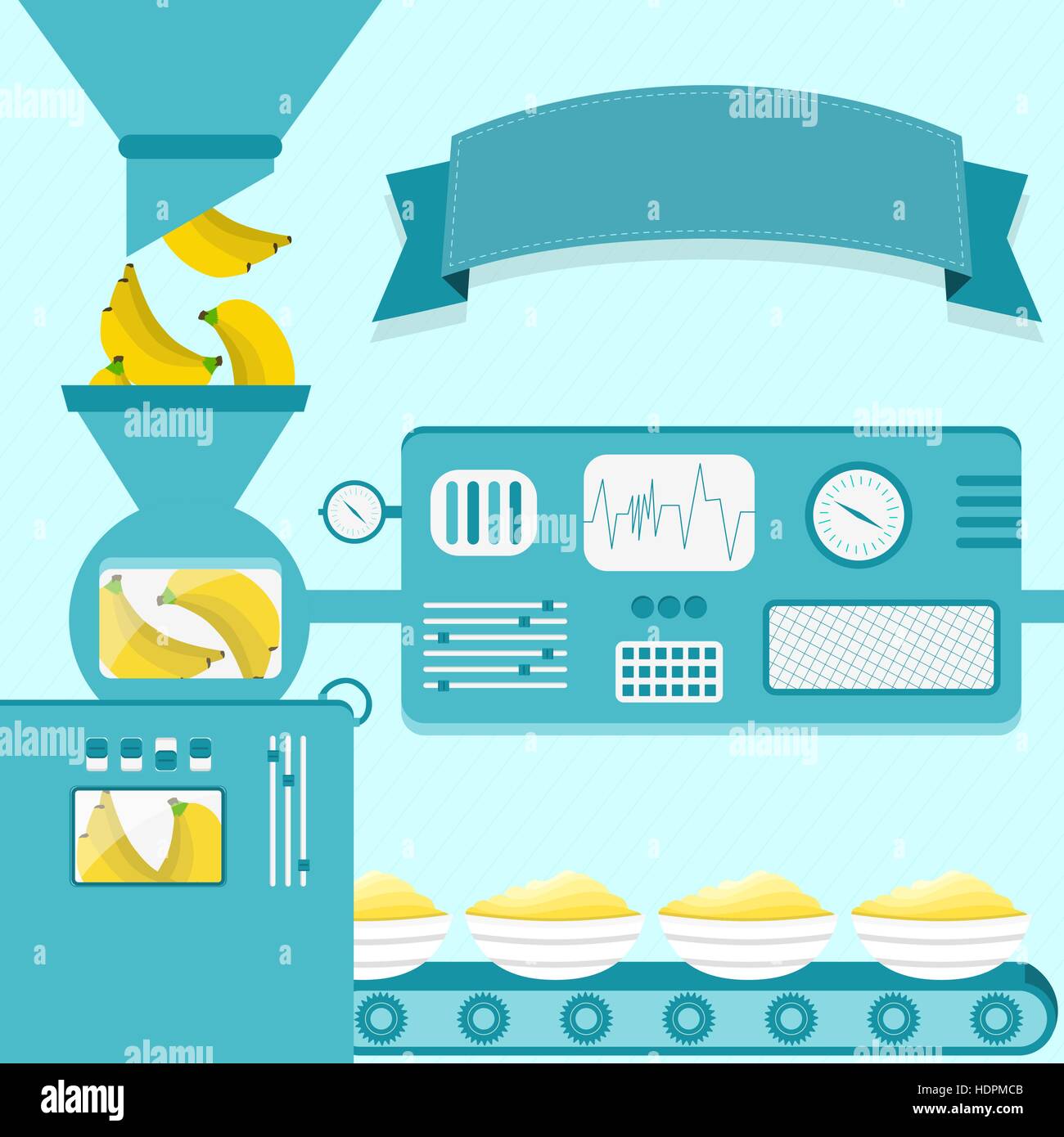 Vector illustration of factory producing banana cream. Banana cream ...