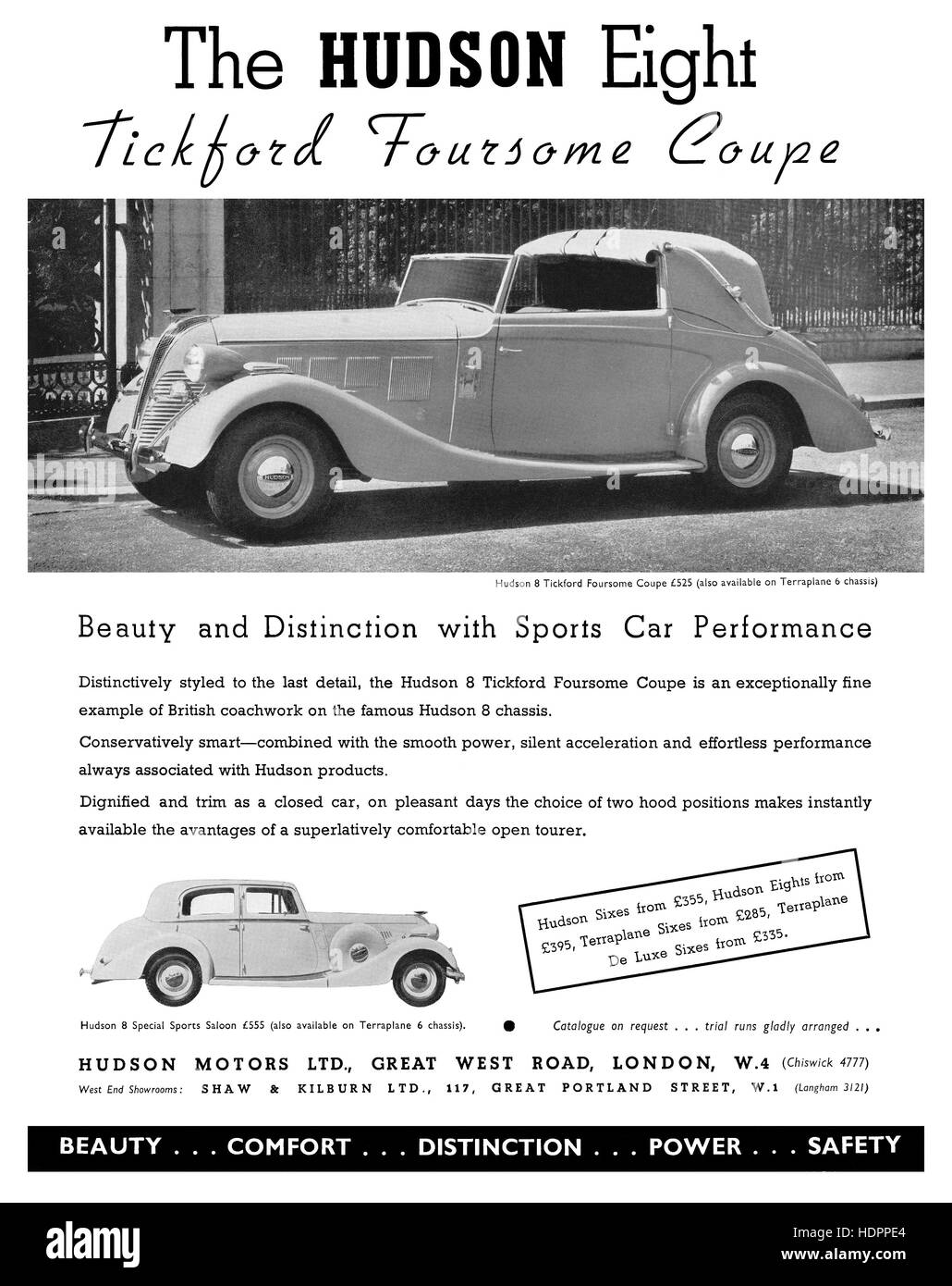 1937 British advertisement for the Hudson Eight Tickford Foursome Coupe ...