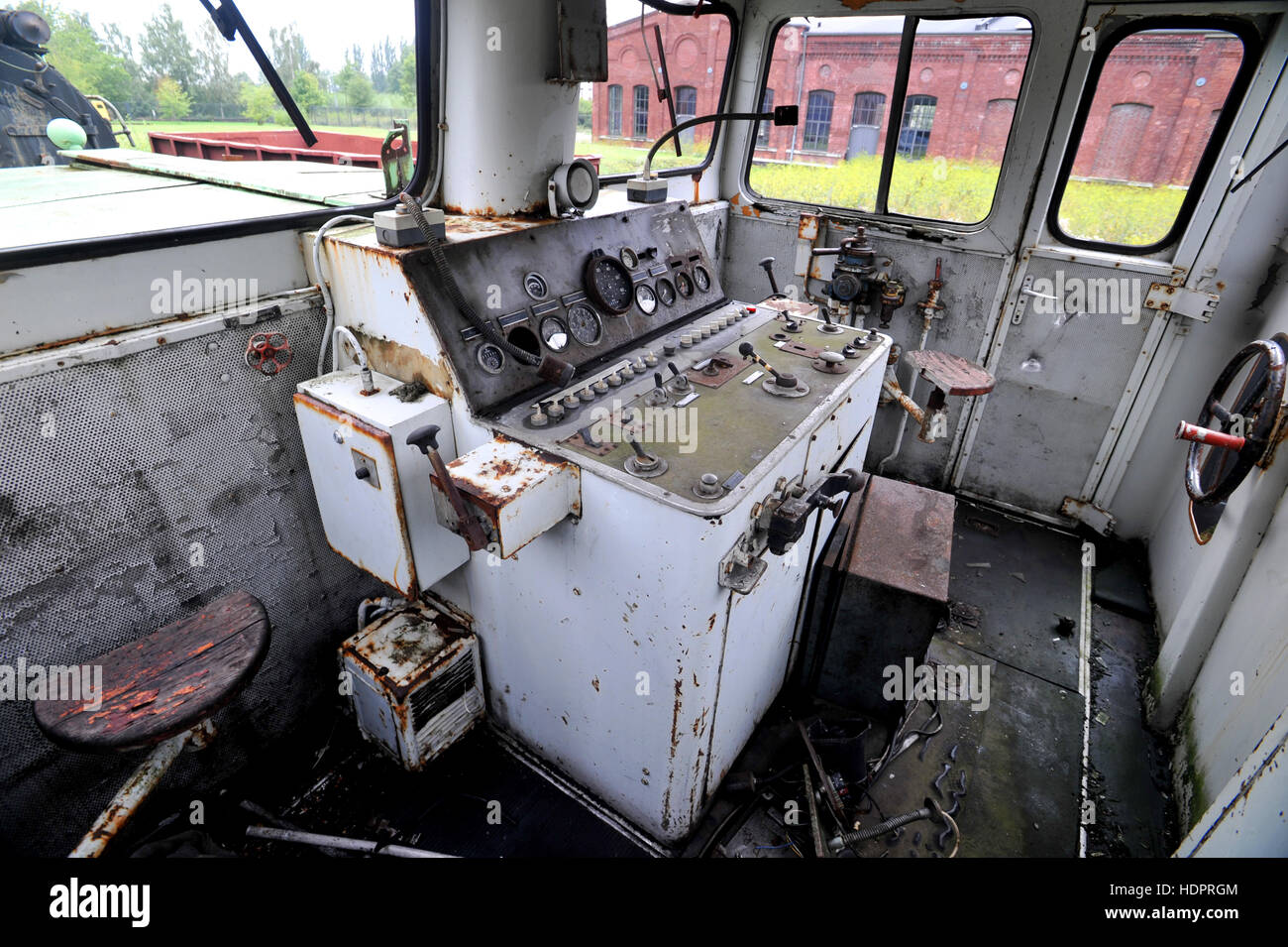 Control panel of an abandoned and derelict diesel shunting engine in a ...