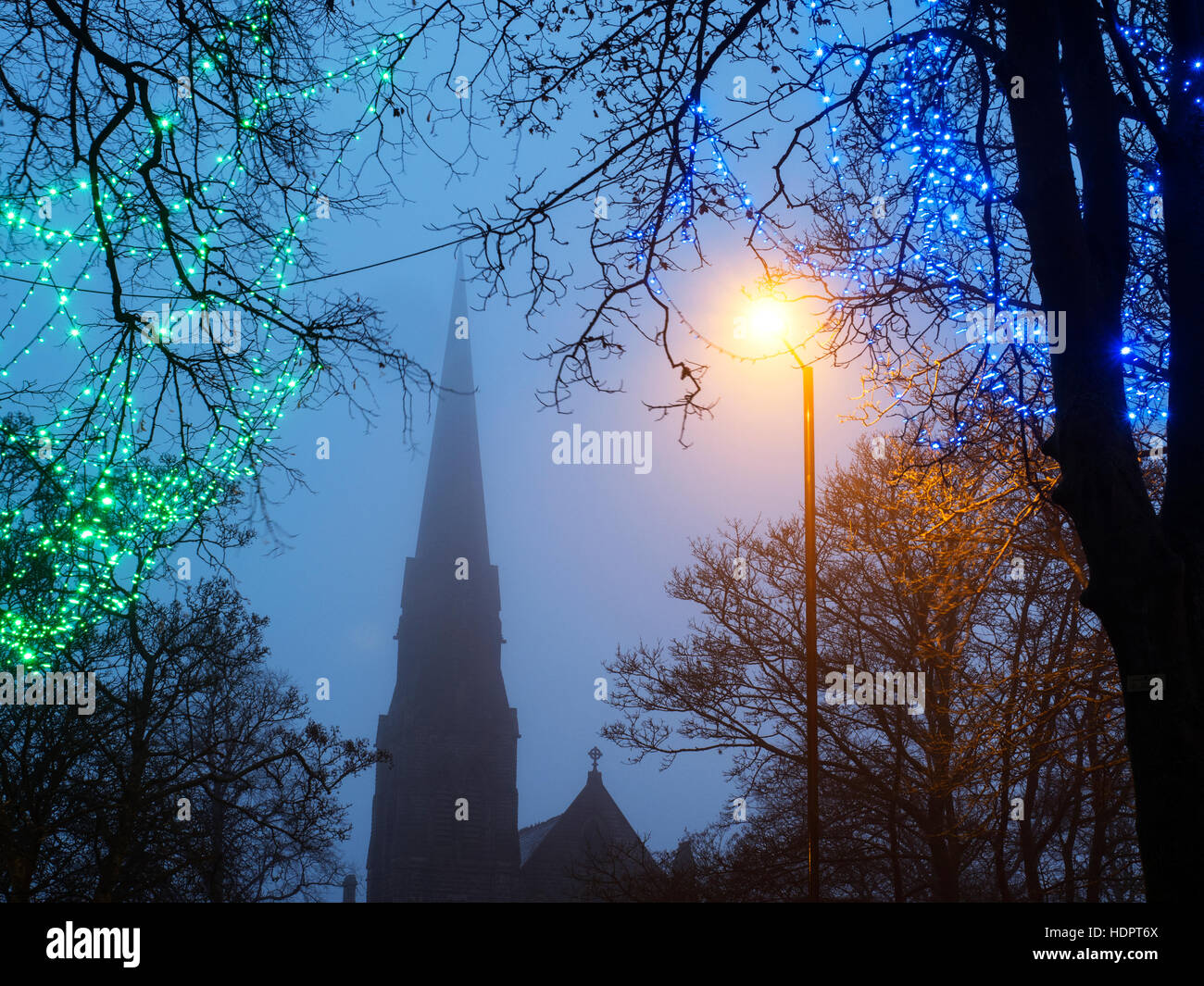 Fairy Lights in Trees and Trinity Methodist Church Spire on a Misty ...