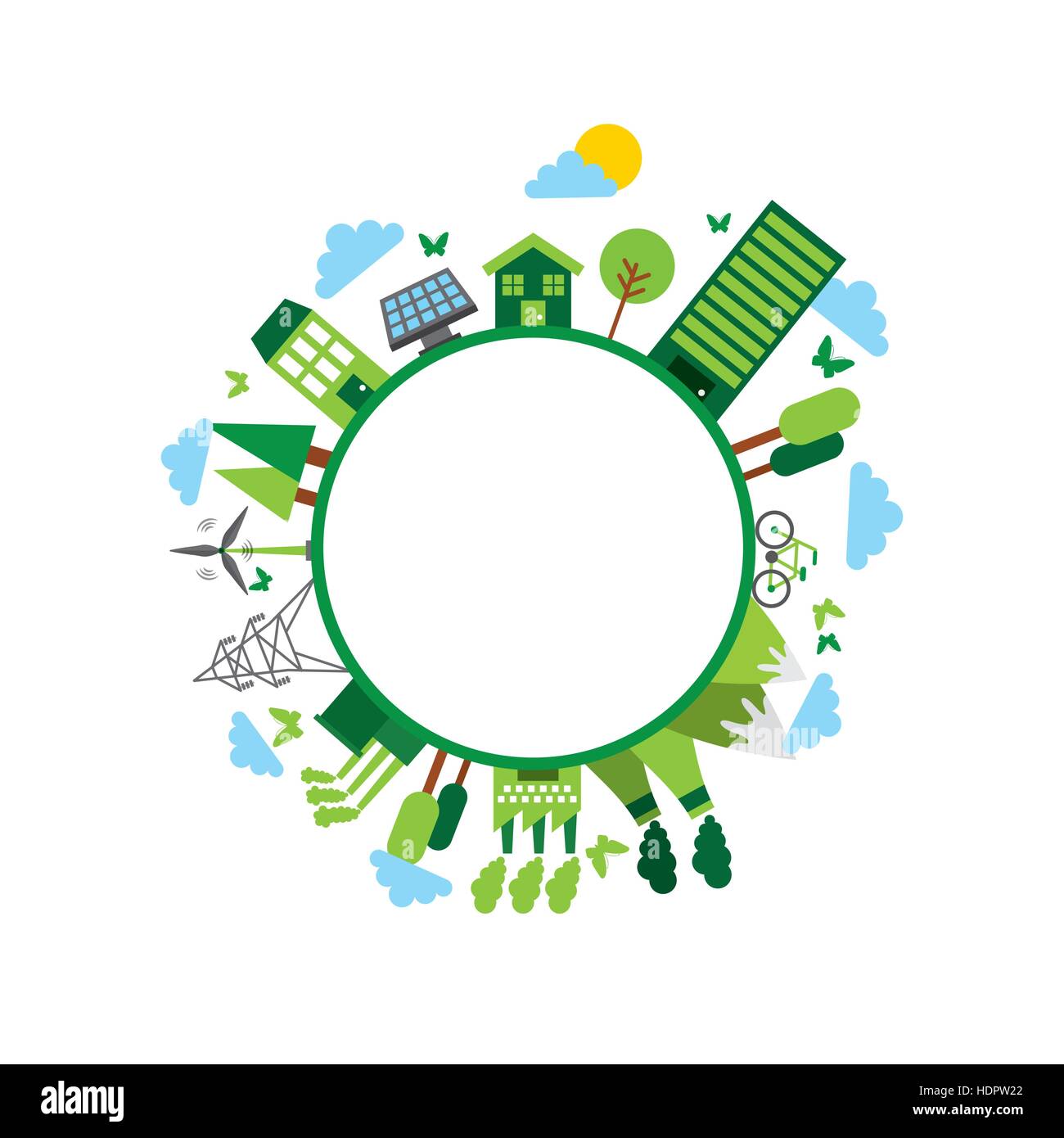green idea and ecology icons around circle shape. colorful design ...
