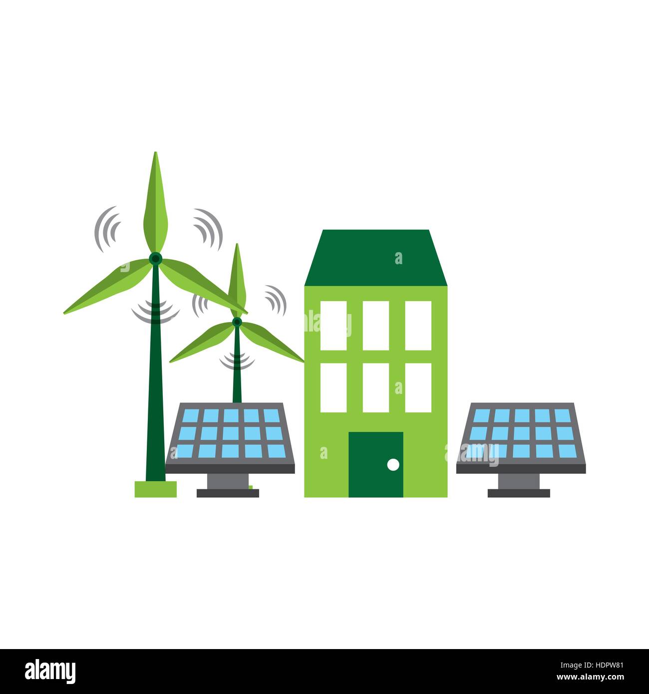 Wind Turbines Solar Panels And Green Building Icons Over White