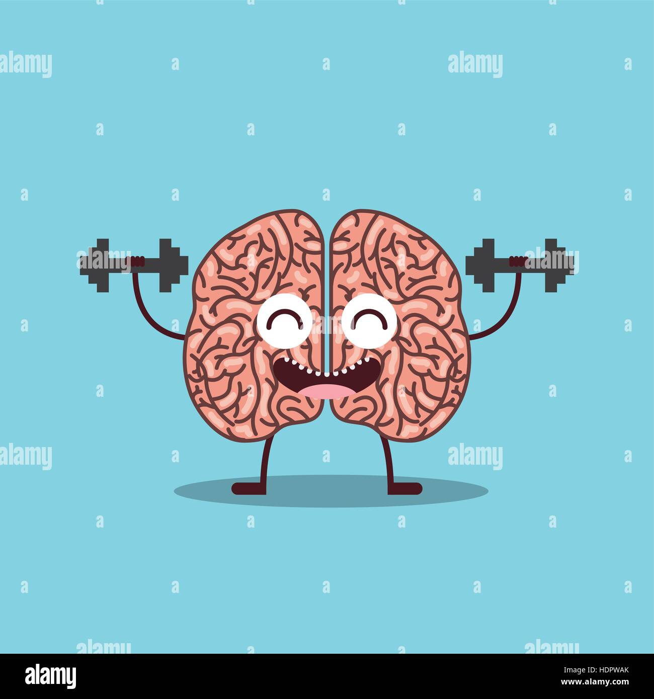 cartoon brain lifting weights icon over blue background. colorful ...