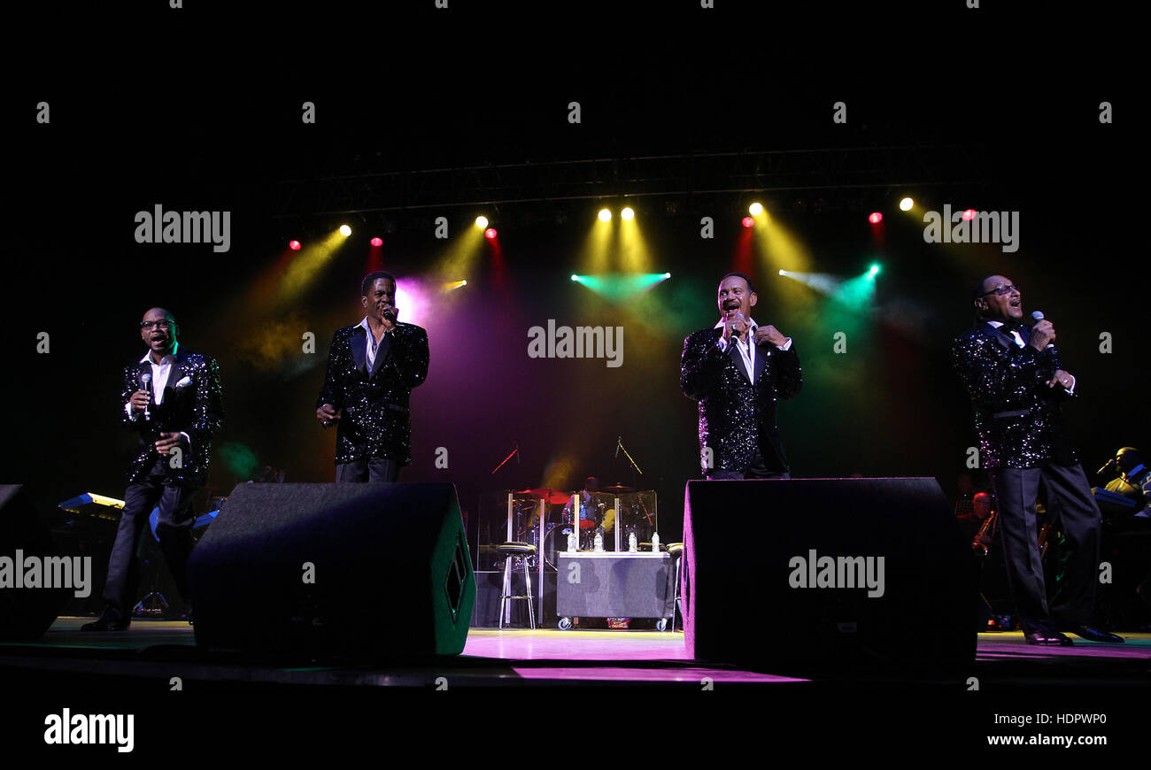The Four Tops and Temptations perform on stage at the O2 Arena ...