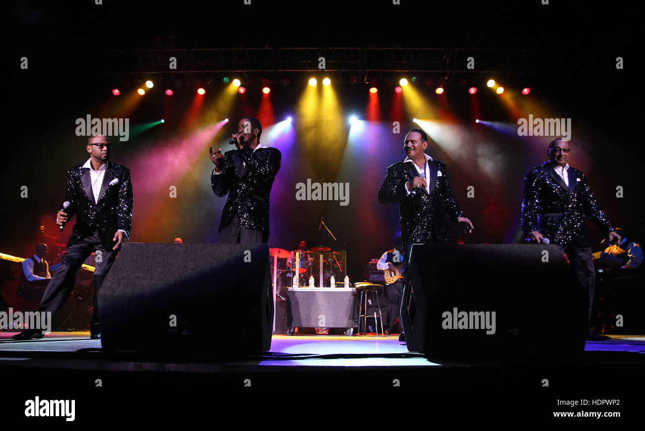 The Four Tops and Temptations perform on stage at the O2 Arena ...