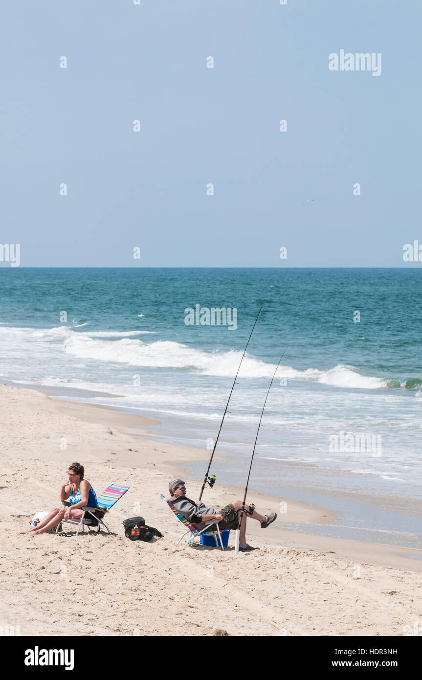Surf fishing on beach at Nags Head, Outer Banks, North Carolina, USA ...