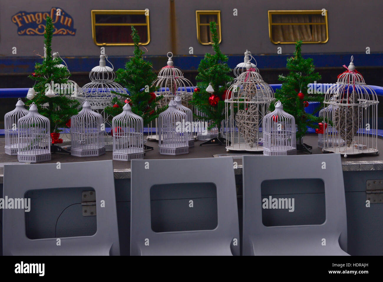 Electric barge, bird cages Christmas decorations, London United Kingdom ...