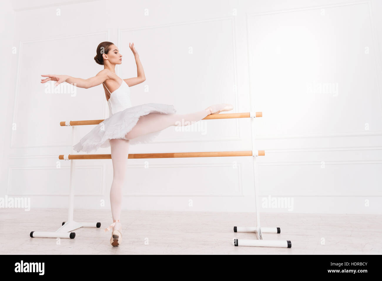 Elegant sporty girl throwing her leg on the bar Stock Photo - Alamy
