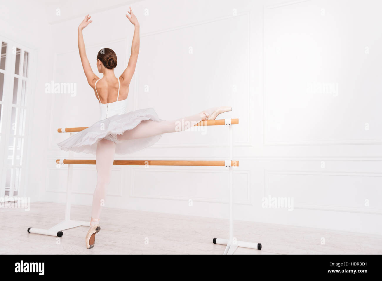 Flexible female using ballet bar Stock Photo - Alamy