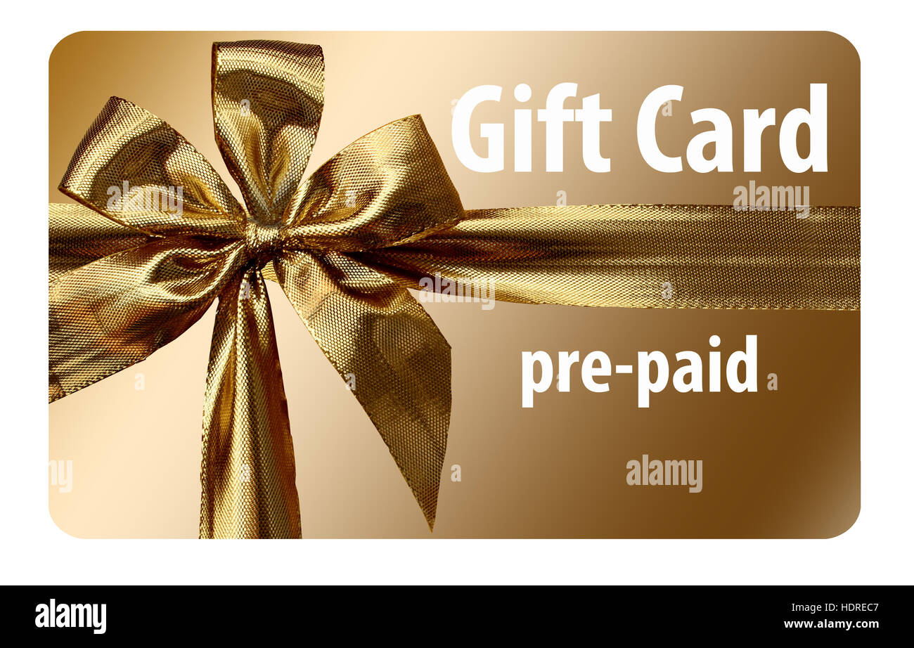 A gift card in gold with a golden bow is isolated on white Stock Photo ...