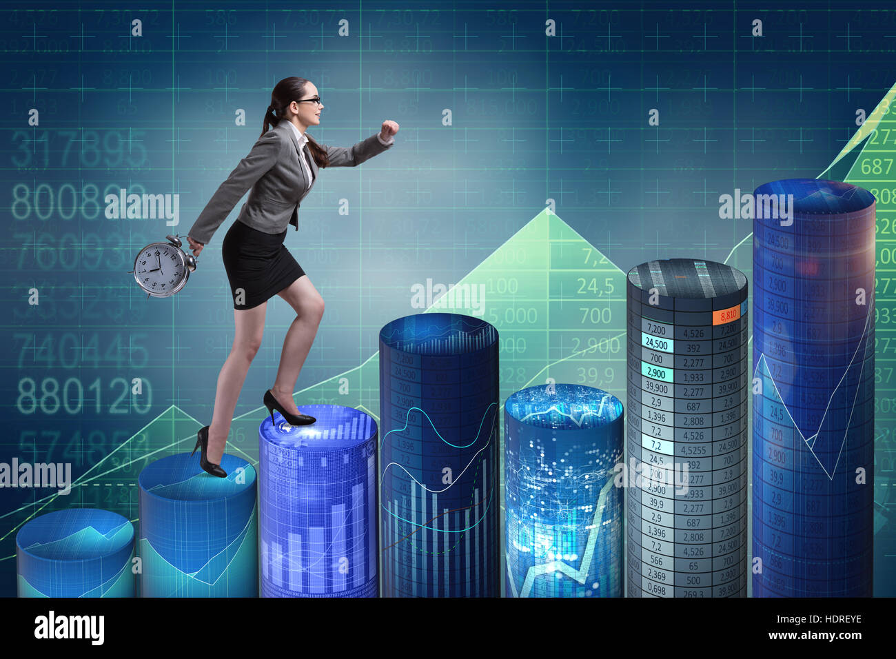 Businesswoman rushing with clock on bar charts Stock Photo - Alamy