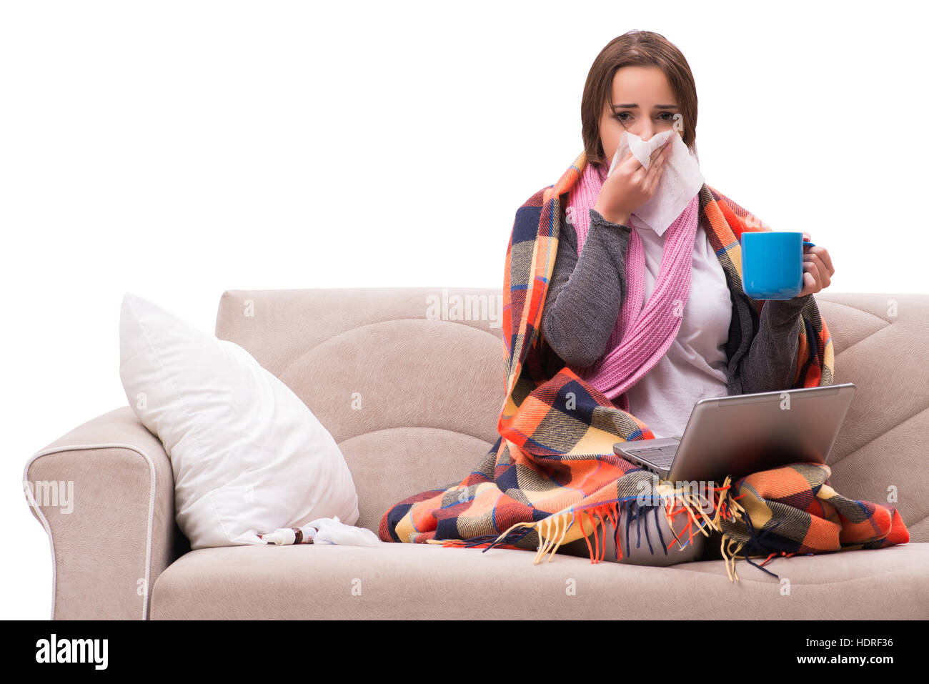 Young woman drinking tea during fever Stock Photo - Alamy