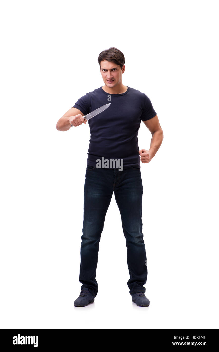 Young mobster with knife isolated on white Stock Photo - Alamy