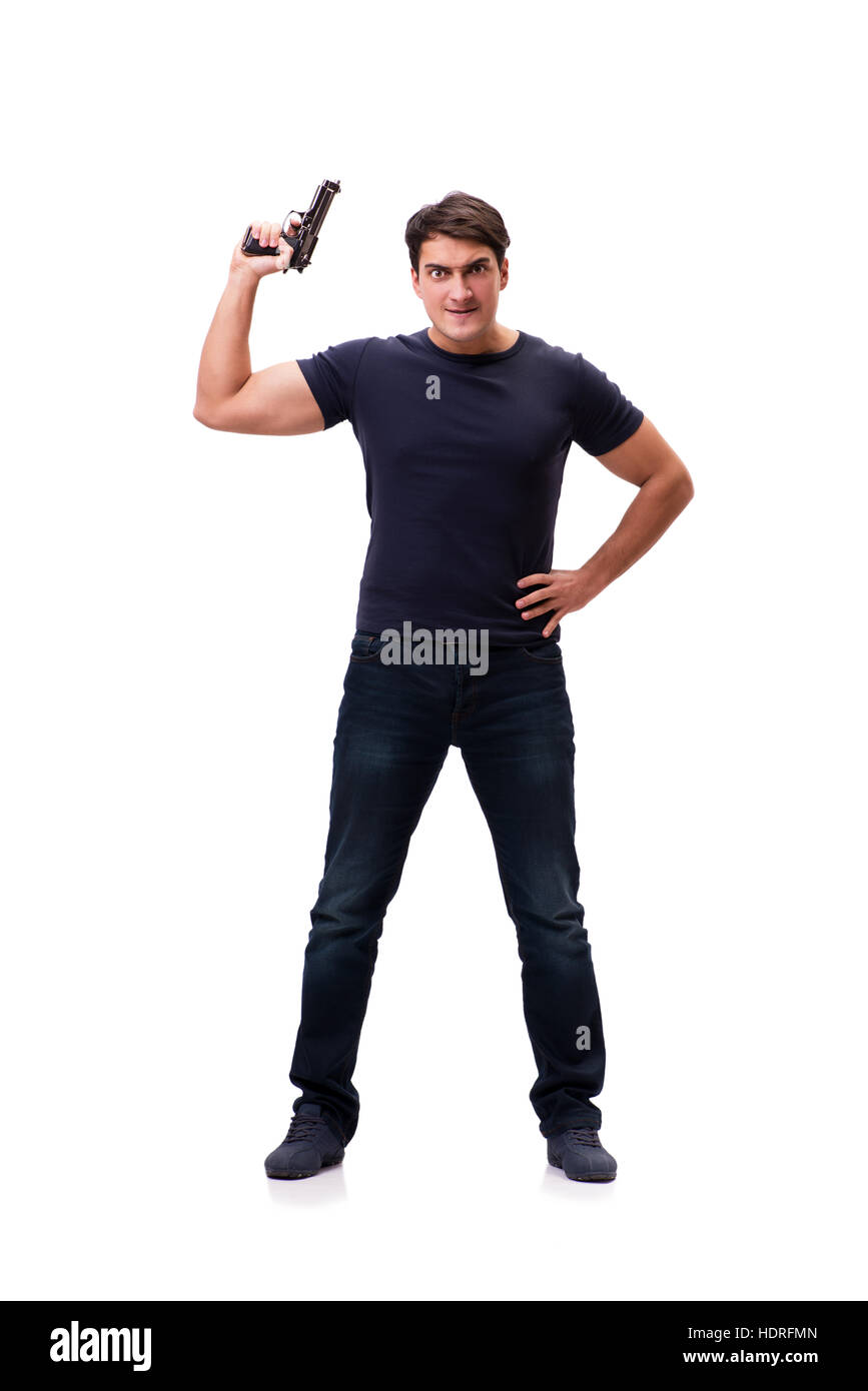 Aggressive young man with gun isolated on white Stock Photo - Alamy