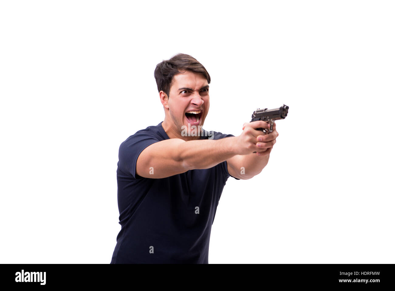 Aggressive young man with gun isolated on white Stock Photo - Alamy