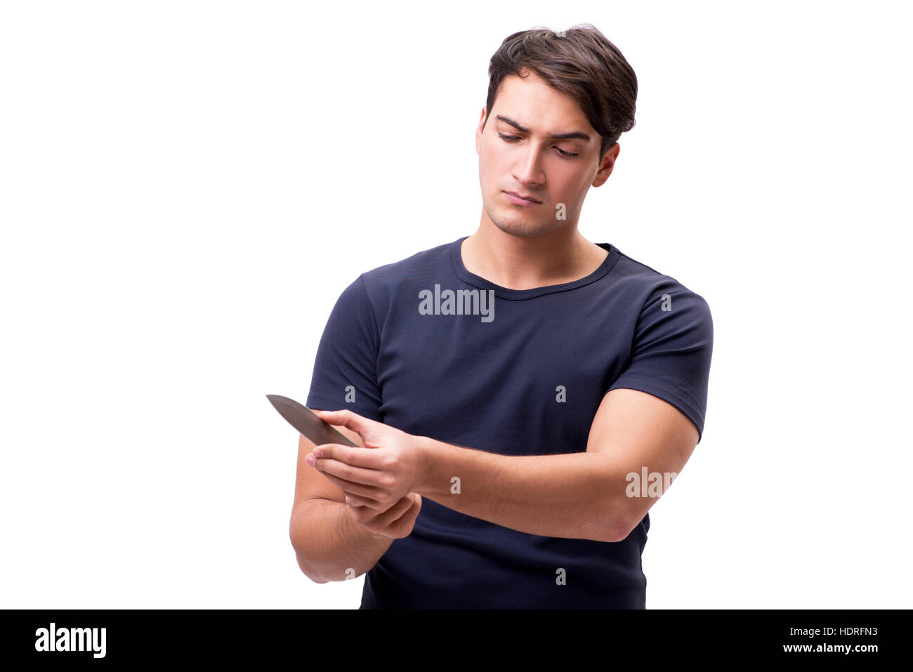 Young mobster with knife isolated on white Stock Photo - Alamy