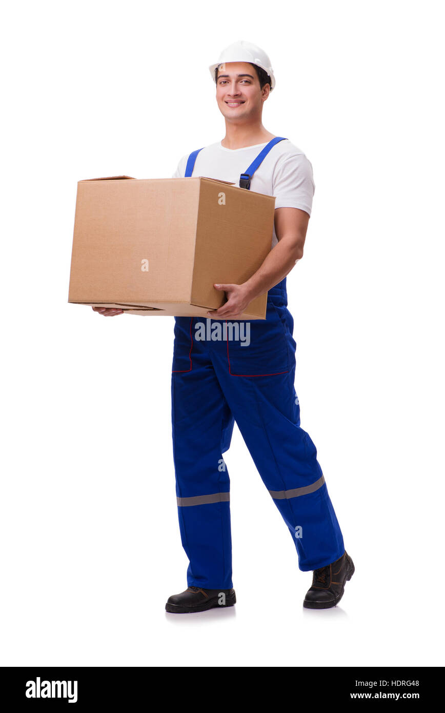 Man with boxes isolated on white Stock Photo - Alamy