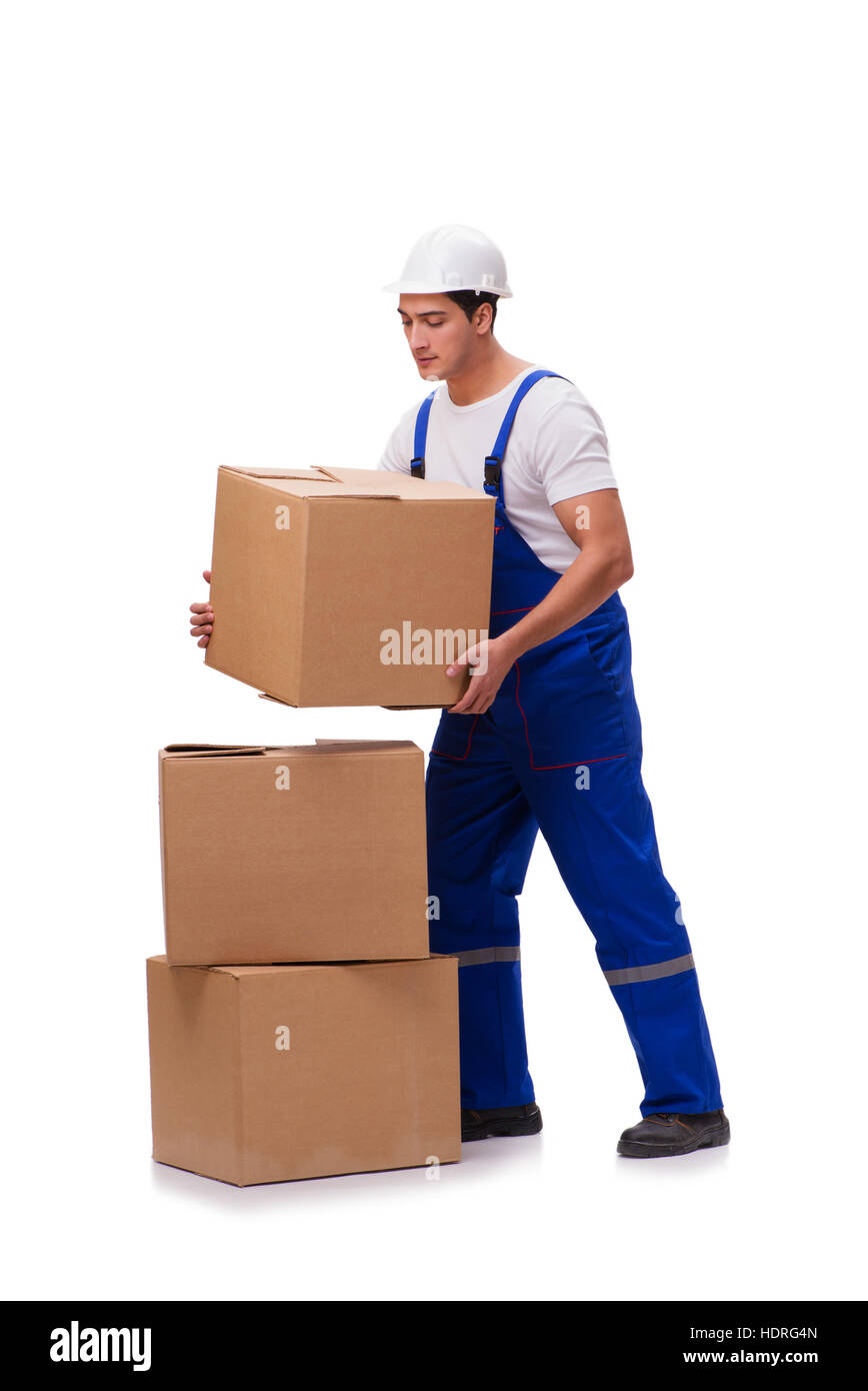 Man with boxes isolated on white Stock Photo - Alamy