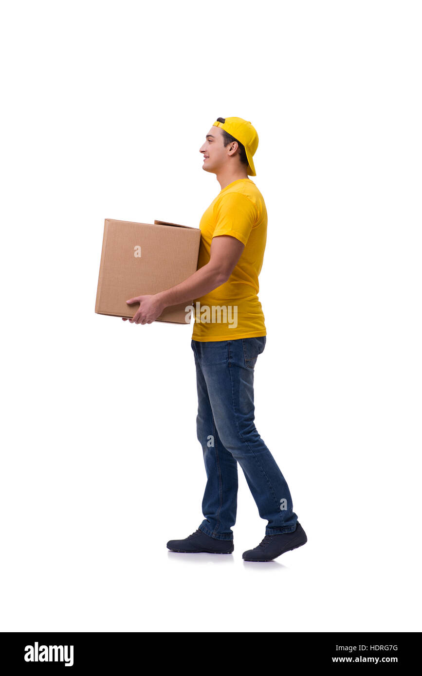 Funny delivery boy with box isolated on white Stock Photo - Alamy