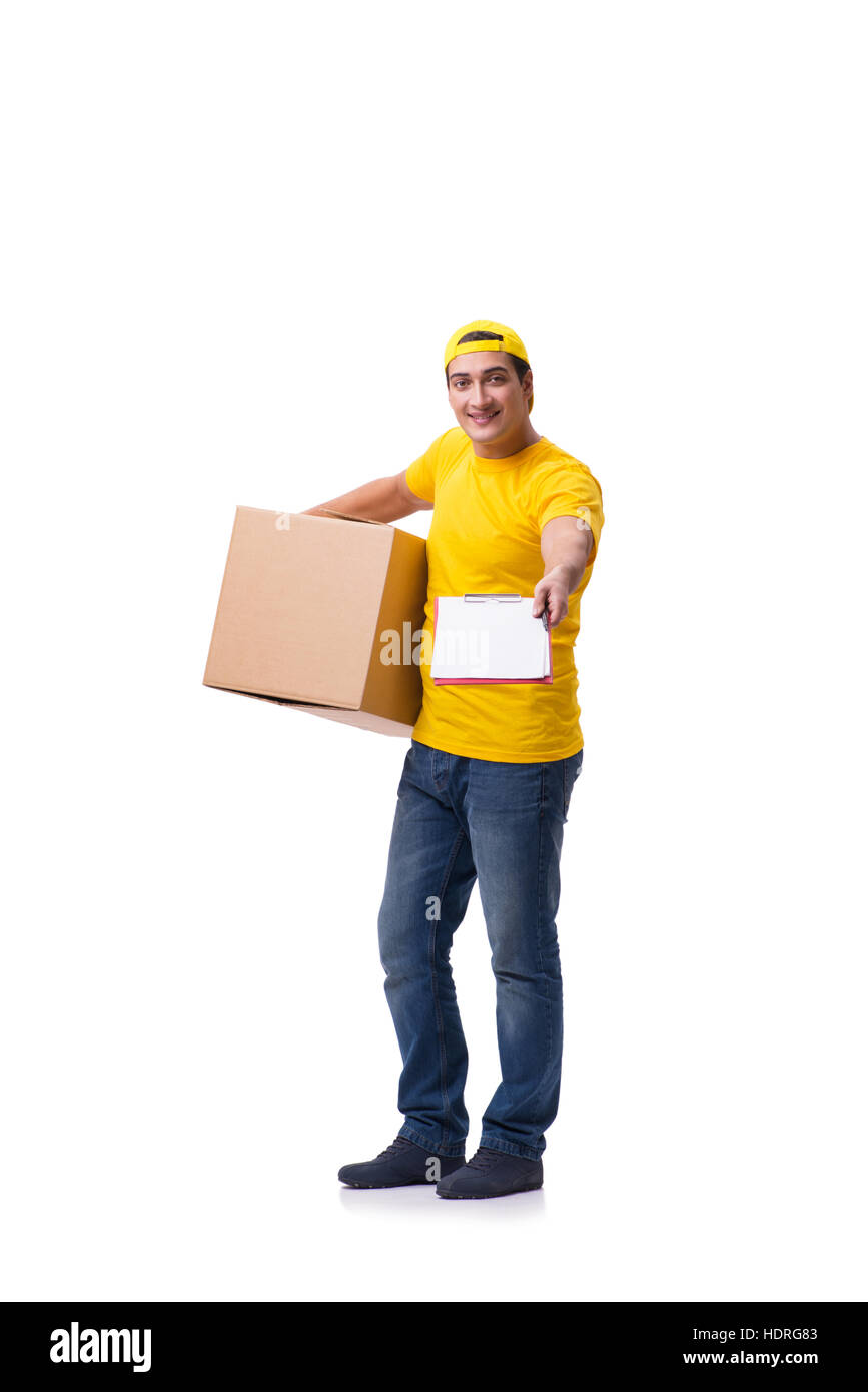 Funny delivery boy with box isolated on white Stock Photo - Alamy