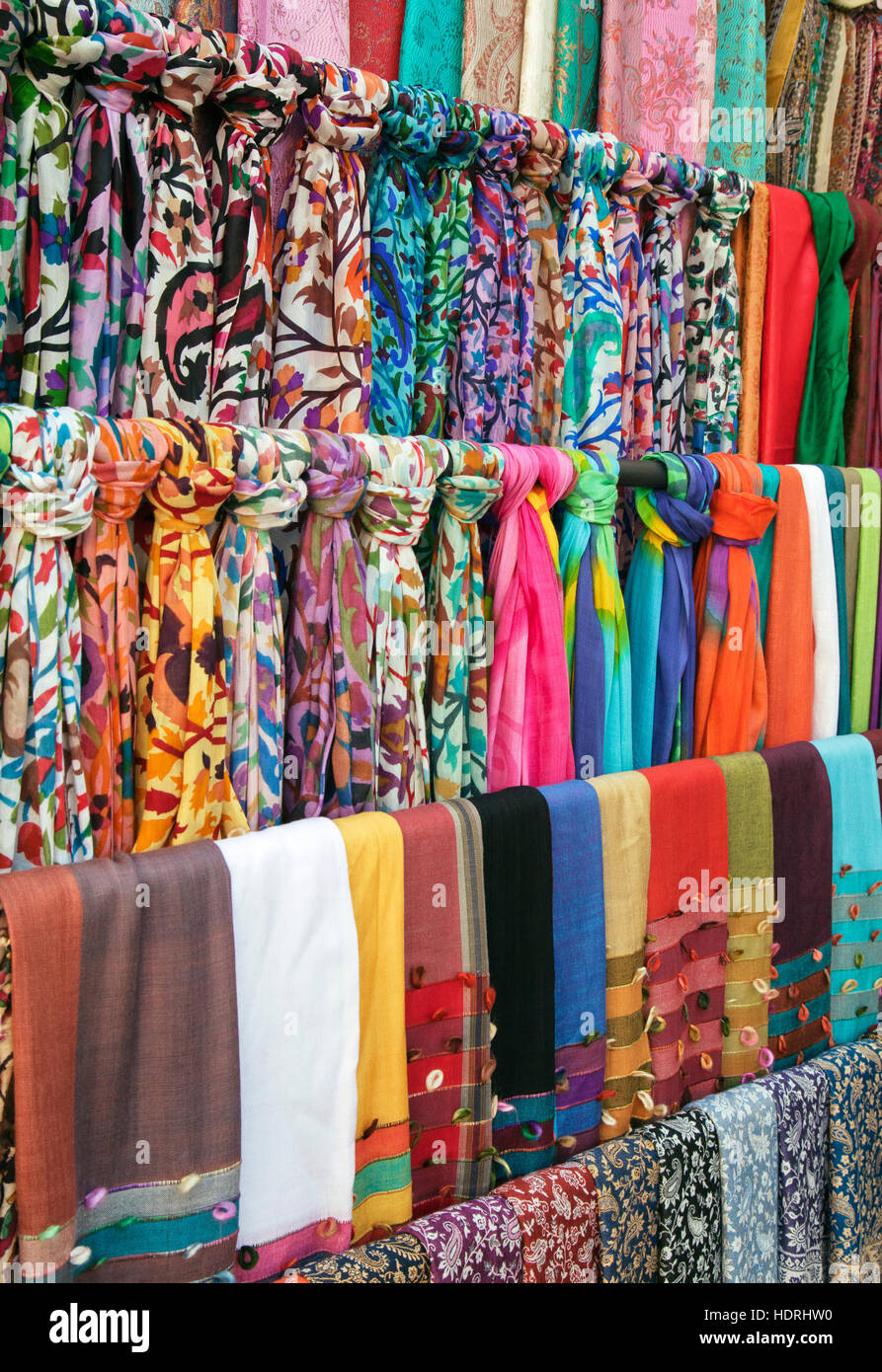 Colorful scarves on an oriental bazaar market in Khiva, Uzbekistan ...