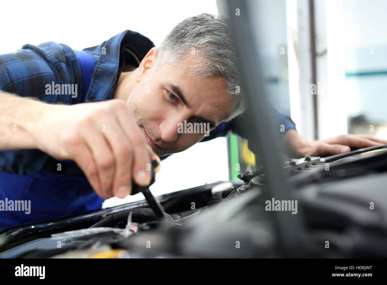 Steering fluid change. The mechanic fills the tank power steering fluid ...