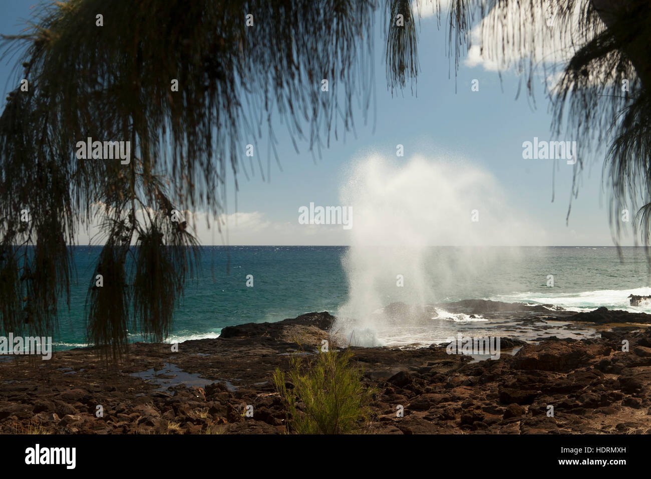 Ocean swells shooting up through a lava tube, Spouting Horn; Lawai ...