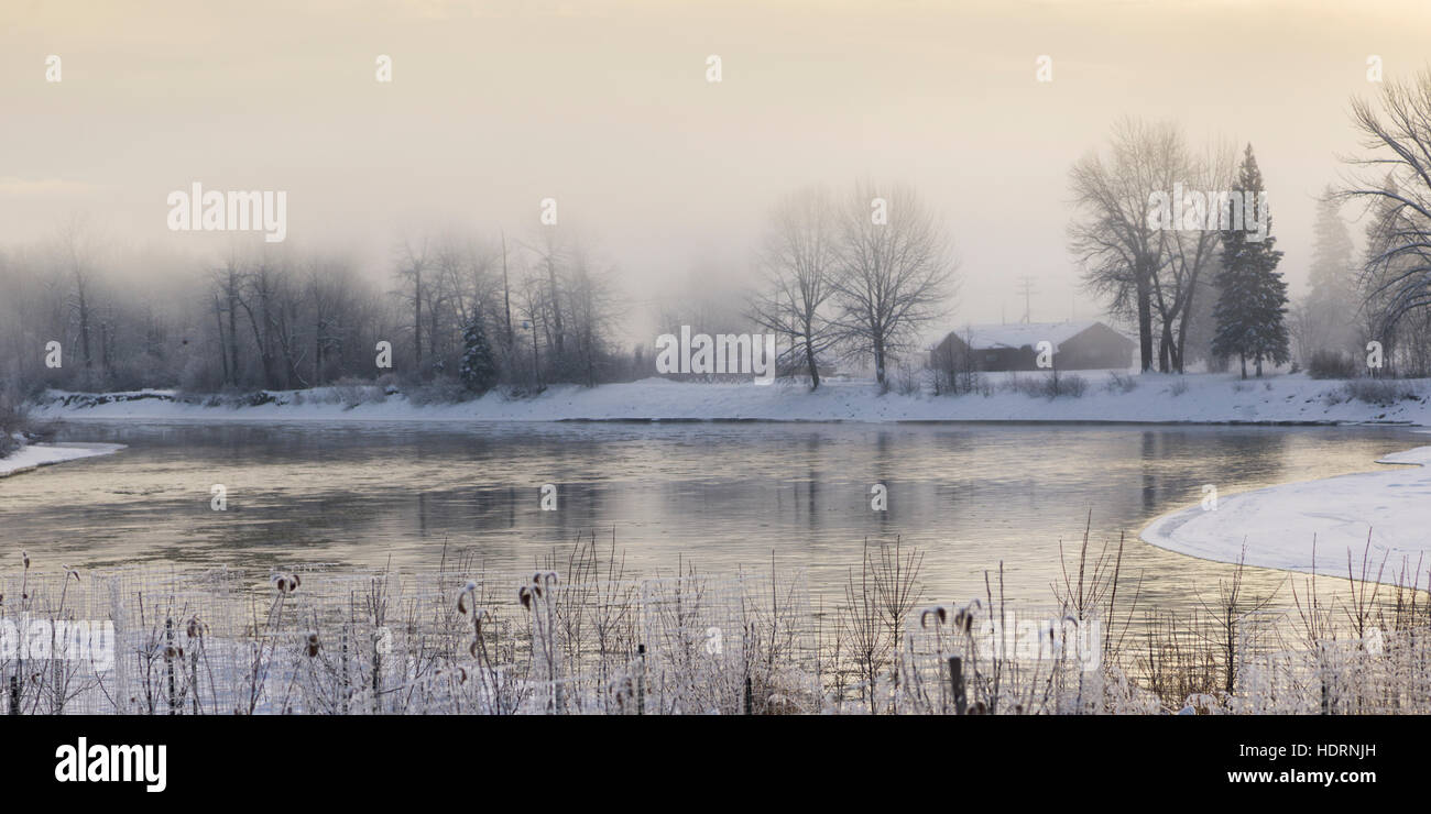 Soft golden sky and a tranquil lake at sunrise in winter; Prince George ...