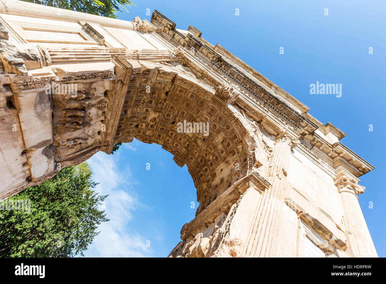 A low angle view of the historic Arch of Titus near the Roman Forum ...