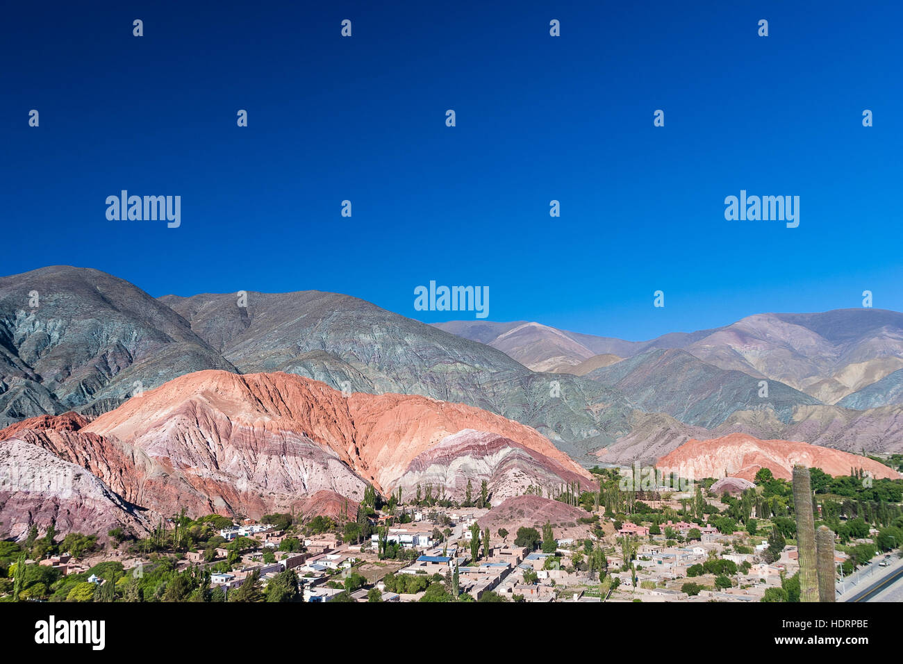 Aerial view of Purmamarca town and the 7 colors hill, Quebrada de ...