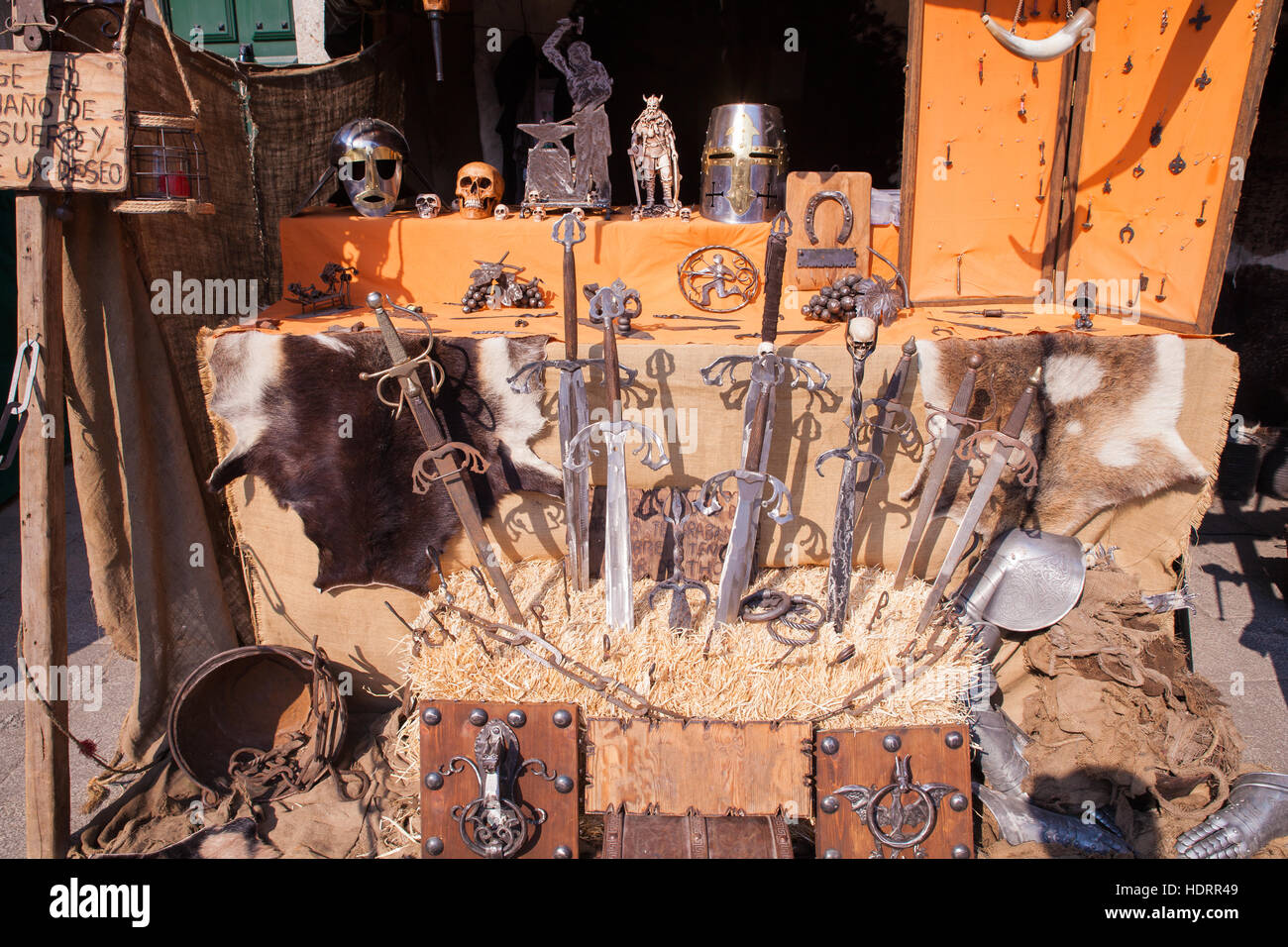 View of medieval tools and swords in the street market Stock Photo - Alamy