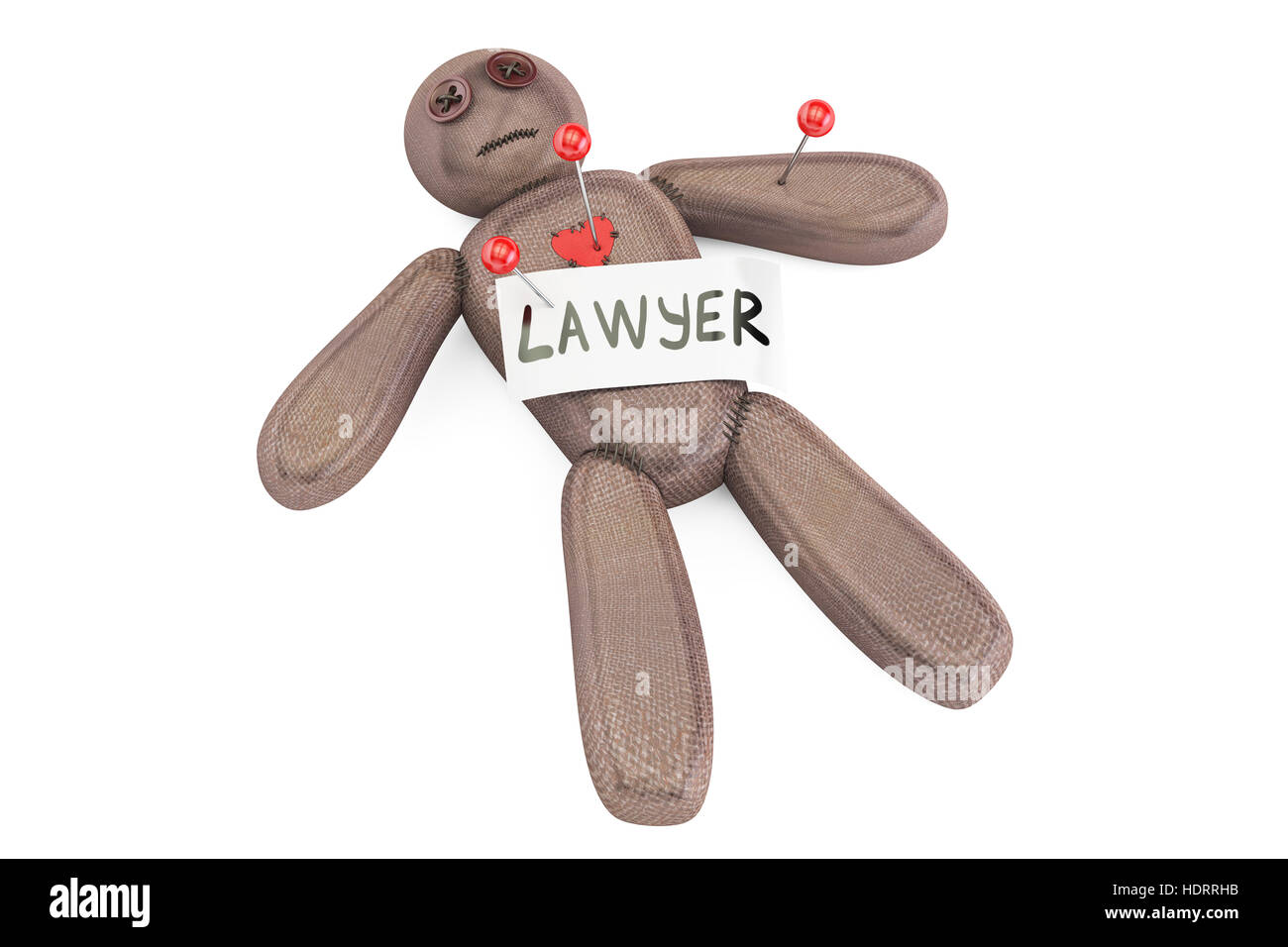 Lawyer voodoo doll with needles, 3D rendering isolated on white ...