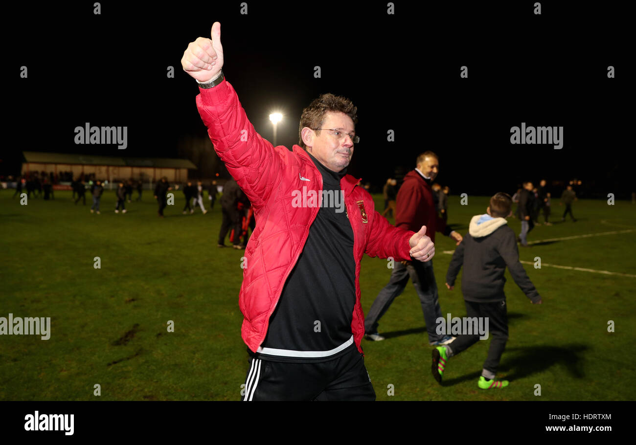 Stourbridge manager Gary Hackett celebrates at the final whistle of the ...