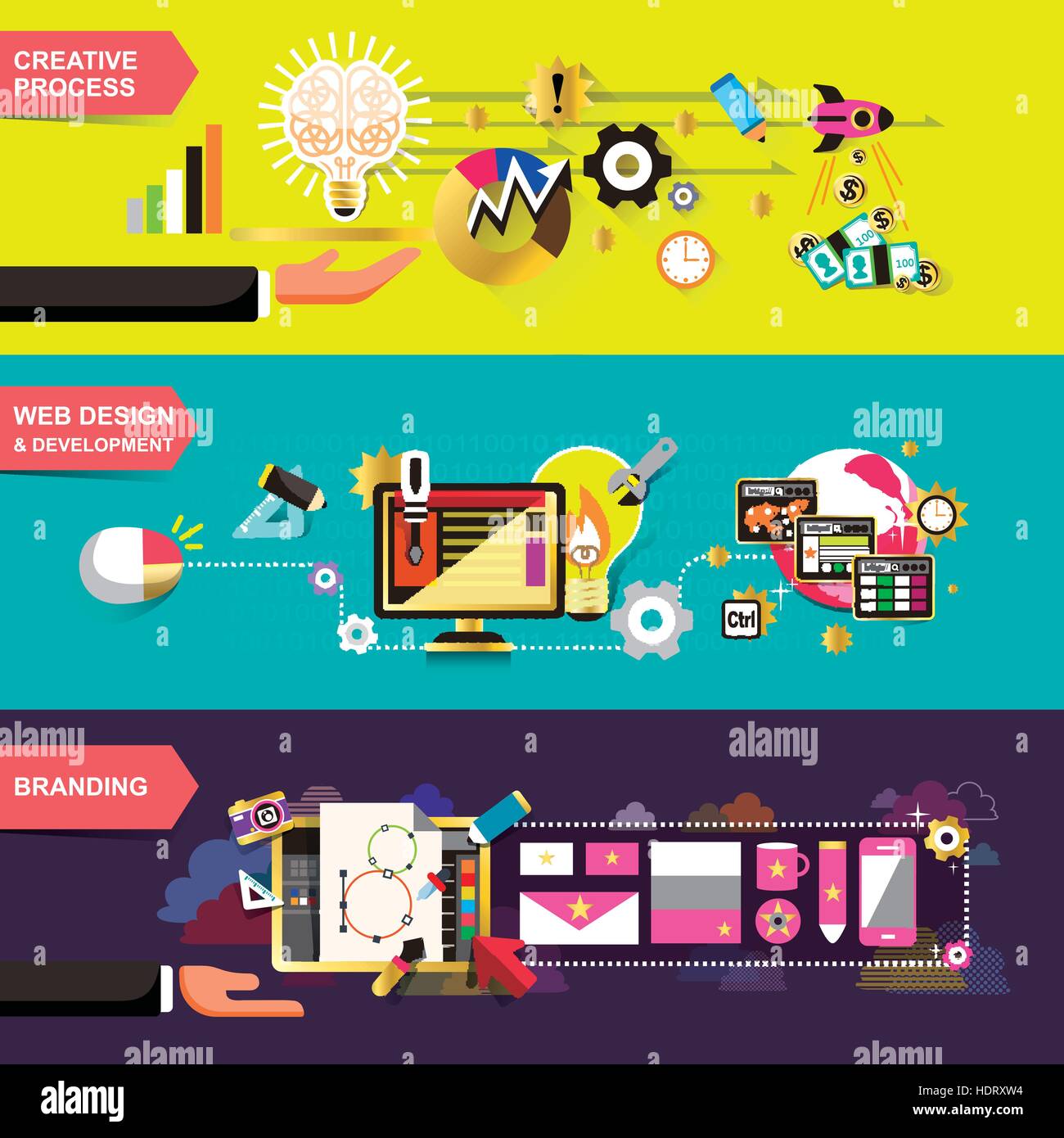 set of flat design concepts for creative process, web design and development and branding. used ...