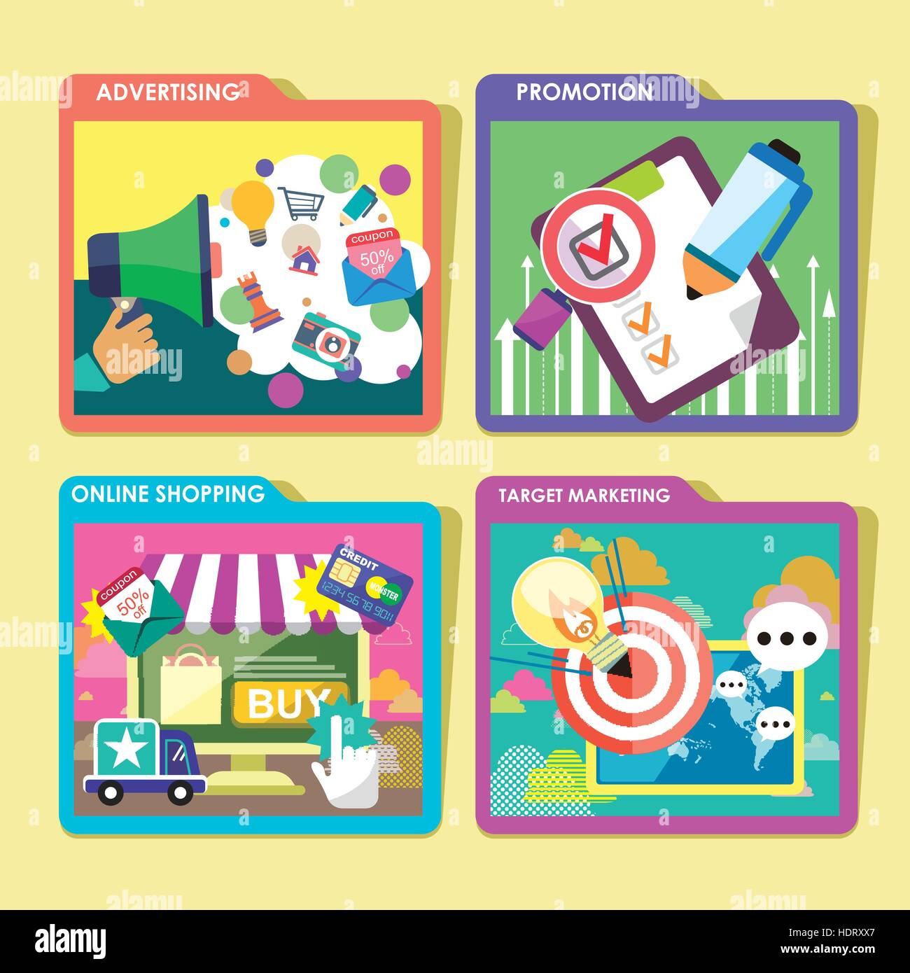 flat design of advertising, promotion, online shopping and target ...